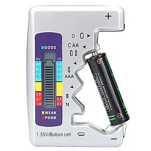 Digital Battery Tester, LCD Display Universal Batteries Checker Household Small Mini Testers Button Cell for All AA AAA C D 9V Capacity Measuring Testing Detector Tool 90mm Multiply 60mm Silvery