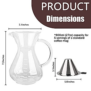 T-mark Pour Over Coffee Maker with Reusable Double-layer Stainless Steel Filter, 800ml/27oz BPA-Free Glass Coffee Carafe, Glass Coffee Maker, Coffee Dripper Brewer