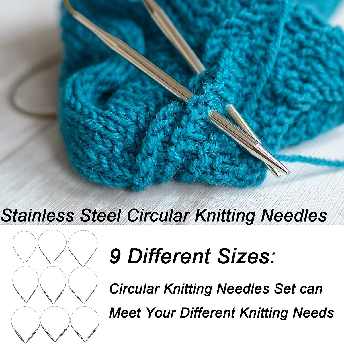 9 Pieces Size Marked US 0-15 Circular Knitting Needle Stainless Steel Knitting Needle Set for Beginner