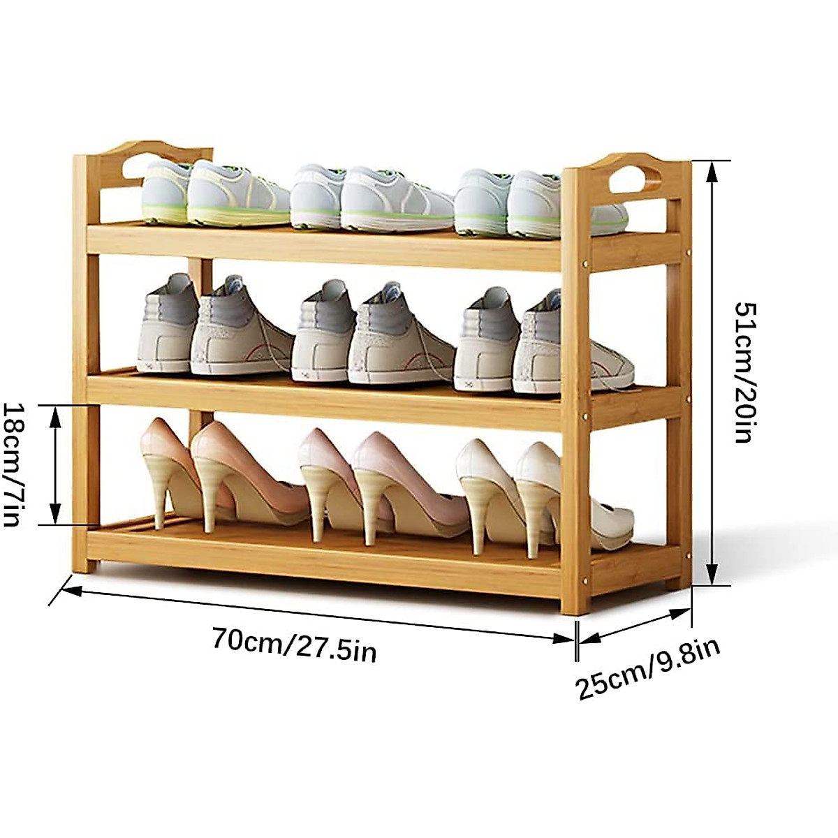 FEACM Bamboo Shoe Rack, 3-Tier Shoes Storage Organizer, Shoe Shelf for Entryway Boots Closet Free Standing Doorway, 70 x 25 x 51cm