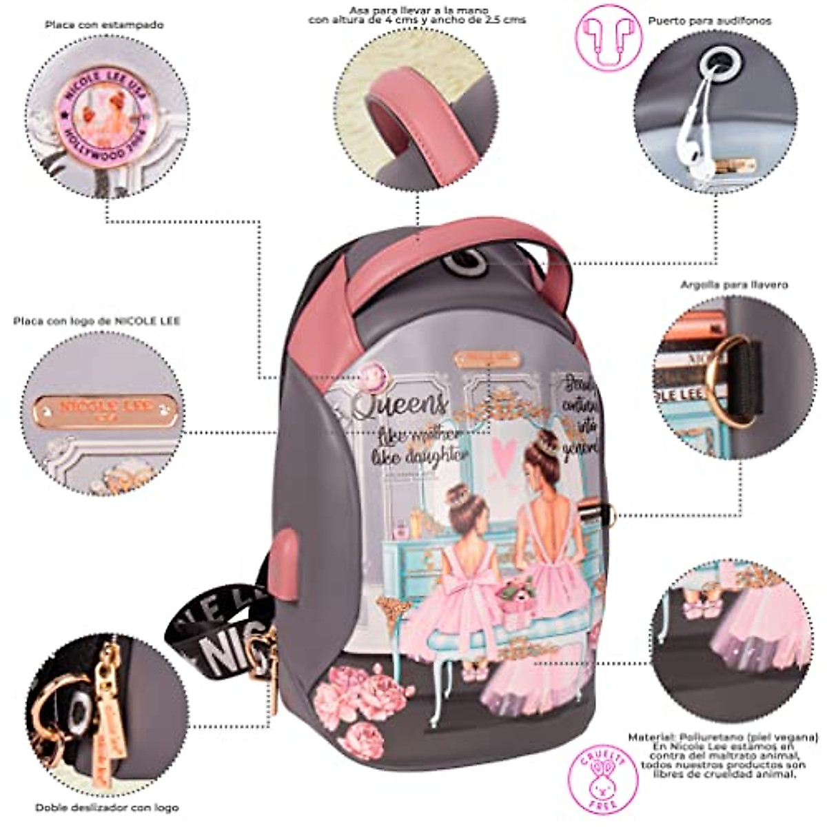 Nicole Lee Sling Backpack with USB Charging and Earphone Ports, Top Handle Travel School Crossbody Bag, Adjustable Strap (Double Queens)