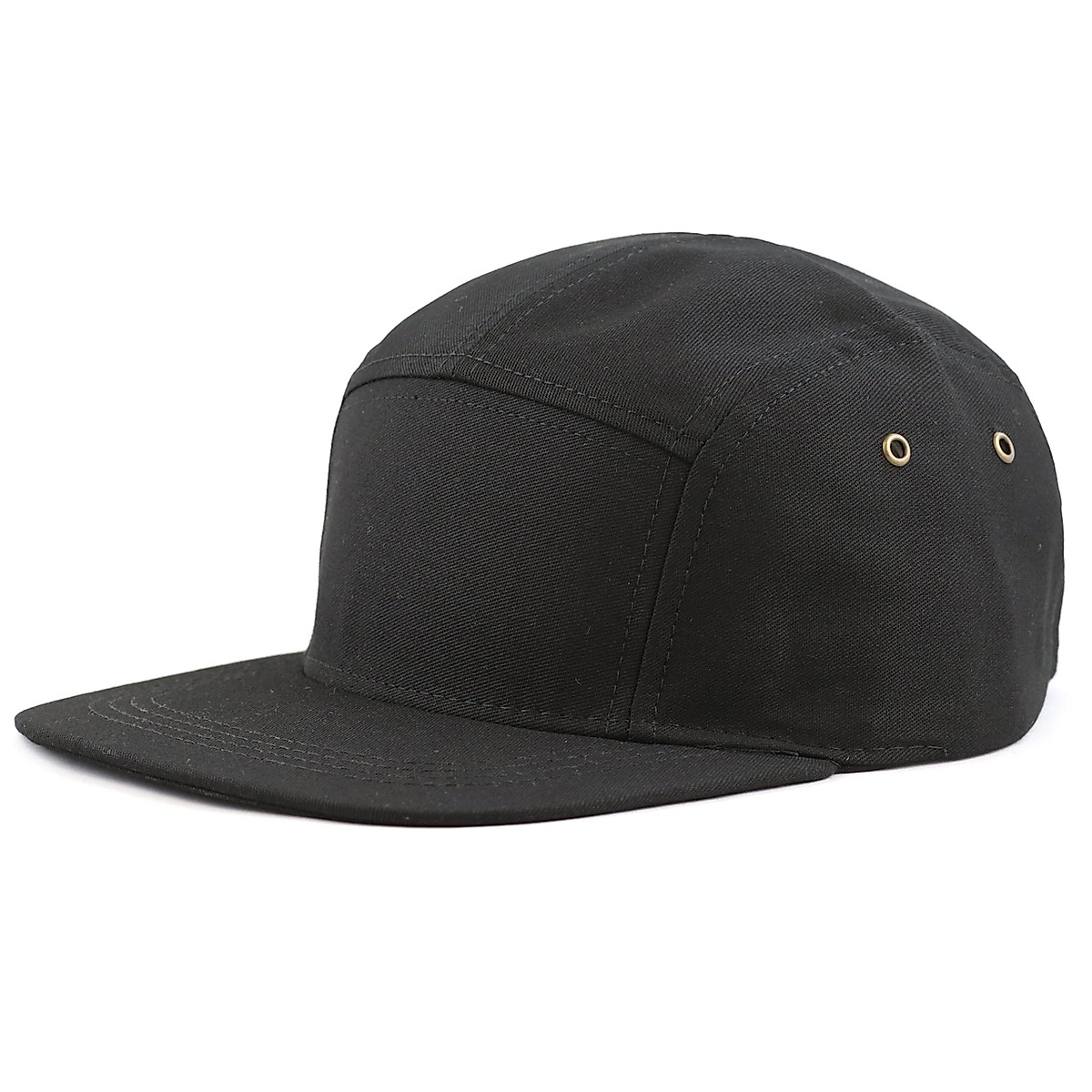 The Hat Depot Made in USA 5 Panel Genuine Leather Brass Closure Flat Brim Biker Cap (Black)