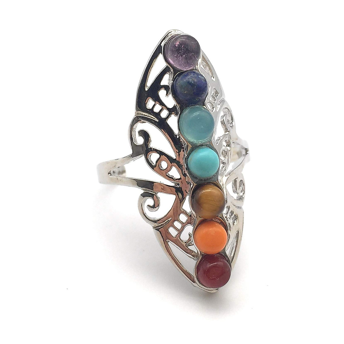Healing Hollow Stones Adjustable 7 Chakra Ring Reiki Gem Jewelry for Women