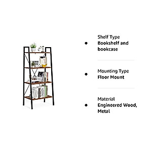 FURNINXS Ladder Shelf Bookcase, Bookshelf 4 Tier, Industrial Standing Shelf Storage Rack Storage Organizer Plant Stand, Steel Frame Book Shelf for Living Room/Bedroom/Kitchen/Bathroom - Red Brown