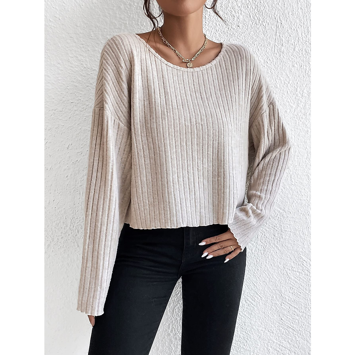 SweatyRocks Women's Long Sleeve Boat Neck Plain Tee Casual Drop Shoulder Rib Knit T Shirt Crop Top Apricot L