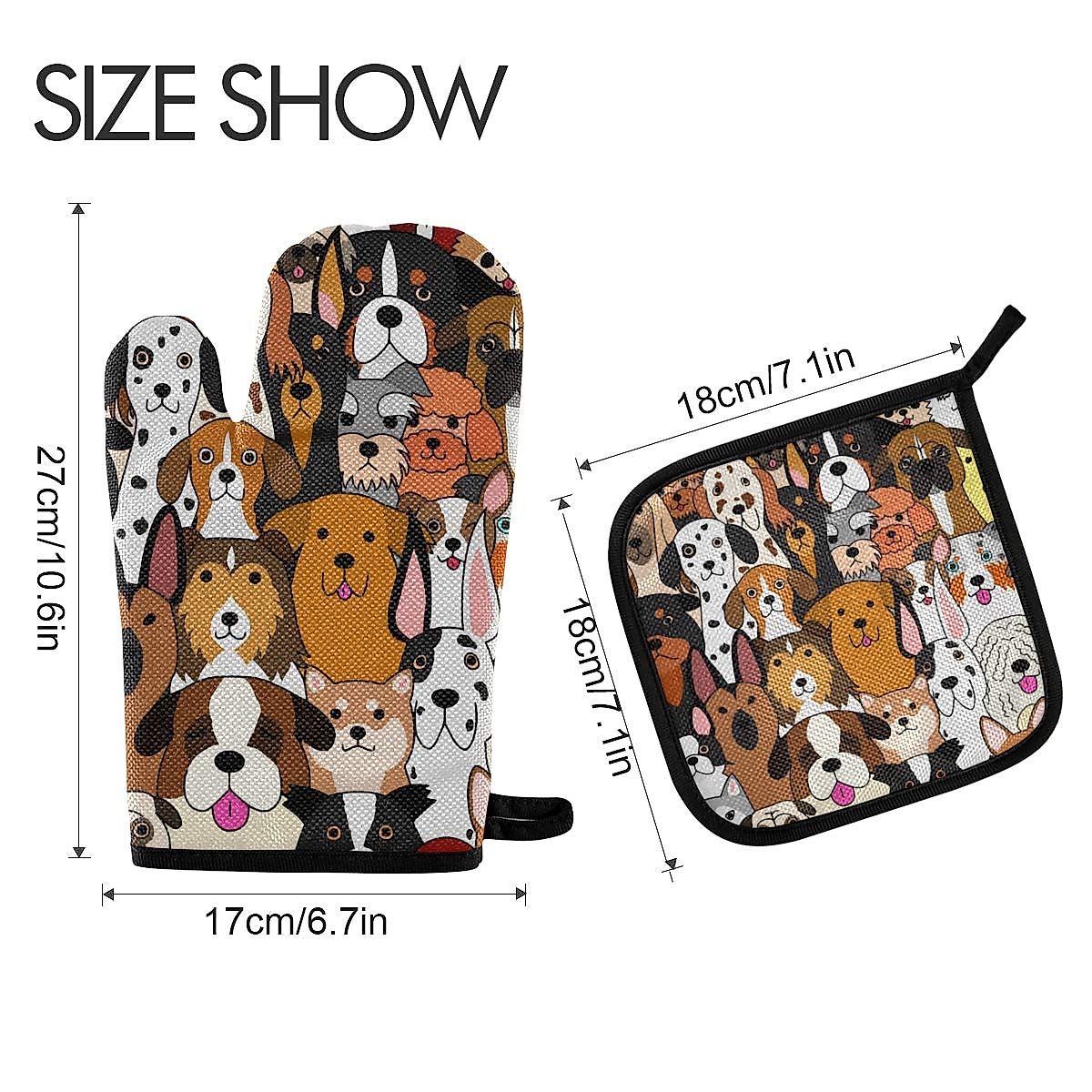 Cute Doodle Dog Print Animal Oven Mitts and Pot Holders Sets Heat Resistant Kitchen Oven Gloves Potholder for Cooking Baking Grill