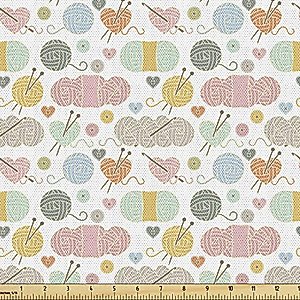 Ambesonne Hobby Fabric by The Yard, Knitting Needles Yarn Ball of Wool Crochet Hooks Illustration, Decorative Fabric for Upholstery and Home Accents, 1 Yard, Rose Mustard