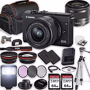 Canon EOS M200 Mirrorless Camera w/EF-M 15-45mm f/3.5-6.3 is STM Lens + 2X 64GB Memory + Case + Filters + Tripod + More (35pc Bundle)
