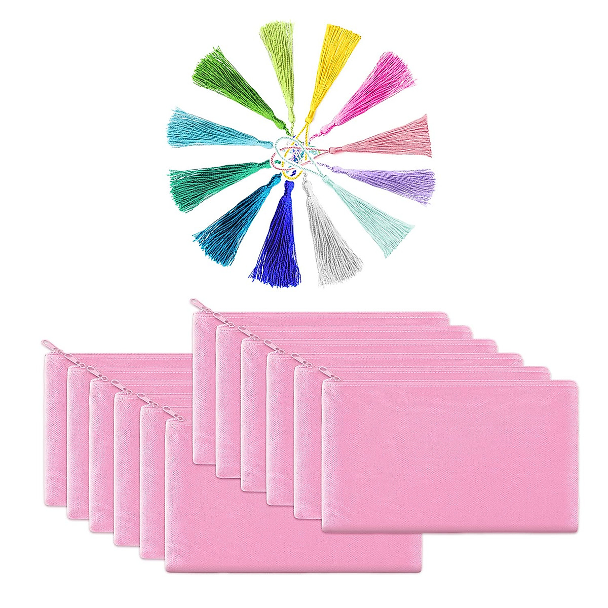 12 Pack Canvas Pencil Pouch, Multipurpose Blank Cotton DIY Craft Zipper Bag for Makeup Travel Stationary Storage with 12 Handmade Colorful Tassels