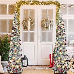 2Pcs Pop Up Christmas Tree with 50 Warm Lights 3D Topper Star - Collapsible Glitter Tinsel Artificial Christmas Pencil Trees Holiday Xmas Decoration for Indoor Home Office