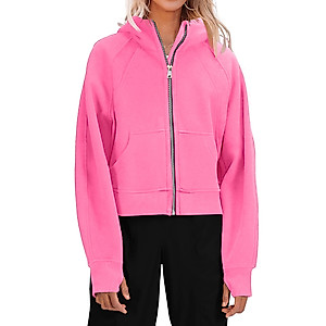 Fisoew Womens Zip Up Sweatshirts Fleece Lined Collar Crop Hoodie Casual Cotton Long Sleeve Tops with Thumb Hole