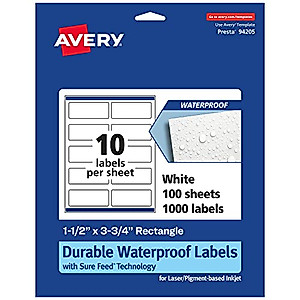 Avery Durable Waterproof Rectangle Labels with Sure Feed, 1.5" x 3.75", 1,000 Oil and Tear-Resistant Waterproof Labels, Print-to-The-Edge, Laser/Pigment-Based Inkjet Printable Labels