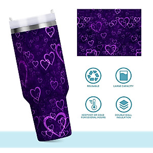 MCHIVER Hearts Purple 40 oz Tumbler with Handle and Straw Stainless Steel Vacuum Water Bottle Leak-proof Travel Coffee Mug Insulated Water Bottle for Hot Cold Beverages