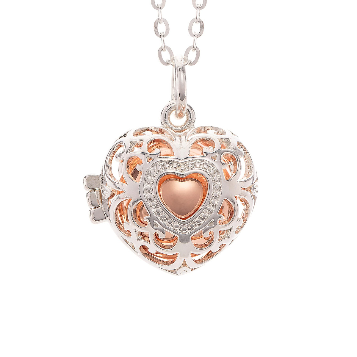 PYA “Heartsoldier” angel caller necklace 925 sterling silver 18 inch with pendant and sound ball | Individual women's jewellery made of heart pendant, guardian angel necklace and chime ball. (Rosé)