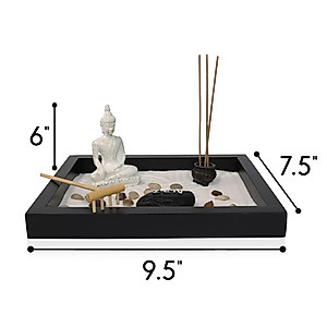 Japanese Mini Zen Garden Sand Box Kit with Incense Holder and White Miniature Buddha Statue - Zen Decor for Relaxation and Meditation - Home Decor, Office Accessory, Gift Set