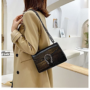 Chain Crossbody Shoulder Bags For Women-Snake Printed Leather Messenger Bag Evening Handbag Chain Strap Shoulder Satchel (Black)