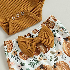 Kuriozud Newborn Baby Girl Bell Bottom Outfit Ribbed Ruffle Long Sleeve Romper Cute Bow Pumpkin Flare Pants Set Headband Infant Fall Clothes (Pumpkin Mustard Yellow, 3-6 Months)