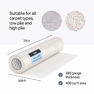 Kenley Carpet Protection Film - Self Adhesive Plastic Carpet Protector Film - Heavy Duty Shield Covering for Stairs Floor Runner Surface - Puncture & Water Resistant Sticky Protection Roll (24"x200')