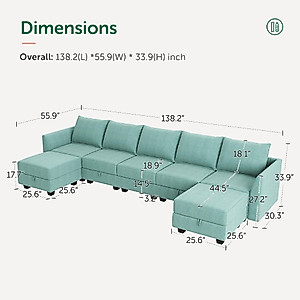 HONBAY Orage U Shape Corner Sectional Sofa Set, Aqua Blue