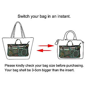 BTSKY Printing Handbag Organizers Inside Purse Insert - High Capacity 13 Pockets Bag Tote Organizer with Handle (Green Lotus)