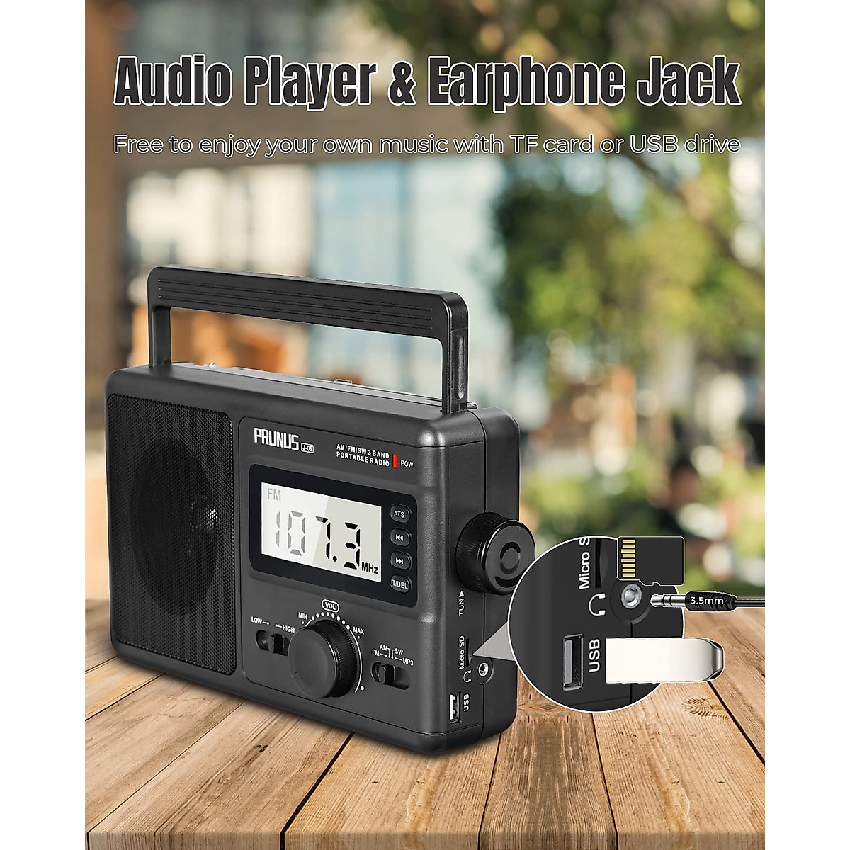PRUNUS J09 Digital AM FM Portable Radio Shortwave, Bigger Screen for Elderly, AC/ 4 D Cell Batteries Powered,TF Card/USB Player, Time Setting, Earphone Jack, Auto Station Preset for Seniors/Hurricane