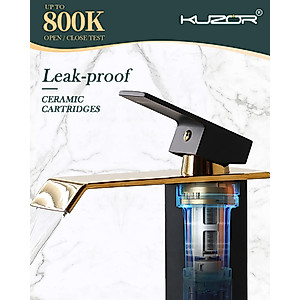 KUZOR Waterfall Bathroom Faucets 1 Hole Single Handle, Matte Black & Shiny Gold Bathroom Sink Faucet with Metal Pop Up Drain, Modern Square Faucet for Bathroom Sink Single Hole