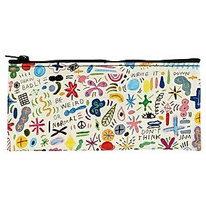 Blue Q Pencil Case, Doodle Party - chunky zipper, sturdy and easy-to-rinse-clean, 4.25"h x 8.5"w, made from 95% recycled material (multicolor)