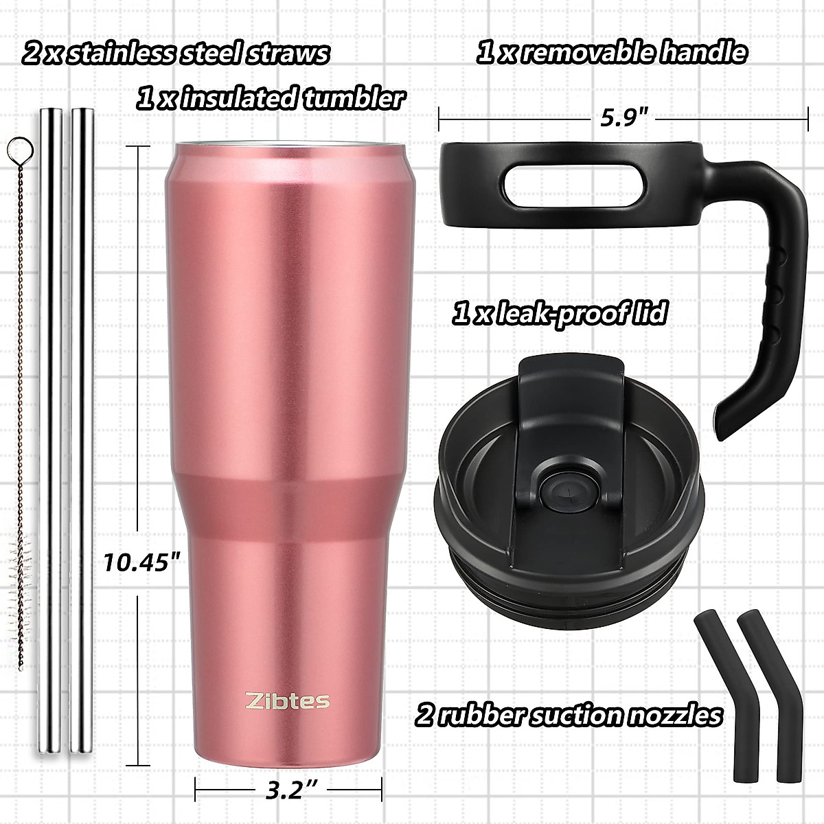 Zibtes 40oz Insulated Tumbler with handle and Lid Straws, Stainless Steel Travel Coffee Cup Holder Friendly, Metal Water Bottle Keeps Drinks Cold up to 34 Hours(Rose gold 1 pack)