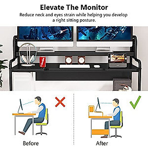 Tribesigns 55 Inch Computer Desk with Hutch, Large Gaming Desk with Monitor Shelf and Storage Shelves, Studio Workstation Desk Studying Writing Table for Home Office (Black)