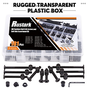 Rustark 181Pcs M6 x 15-80mm Black Crib Screws Hardware Replacement Kit Zinc Plated Hex Socket Head Cap Bolts Thread Nutsert Barrel Nuts T-Nuts and Flange Nuts Assortment Kit for Crib Beds Furniture
