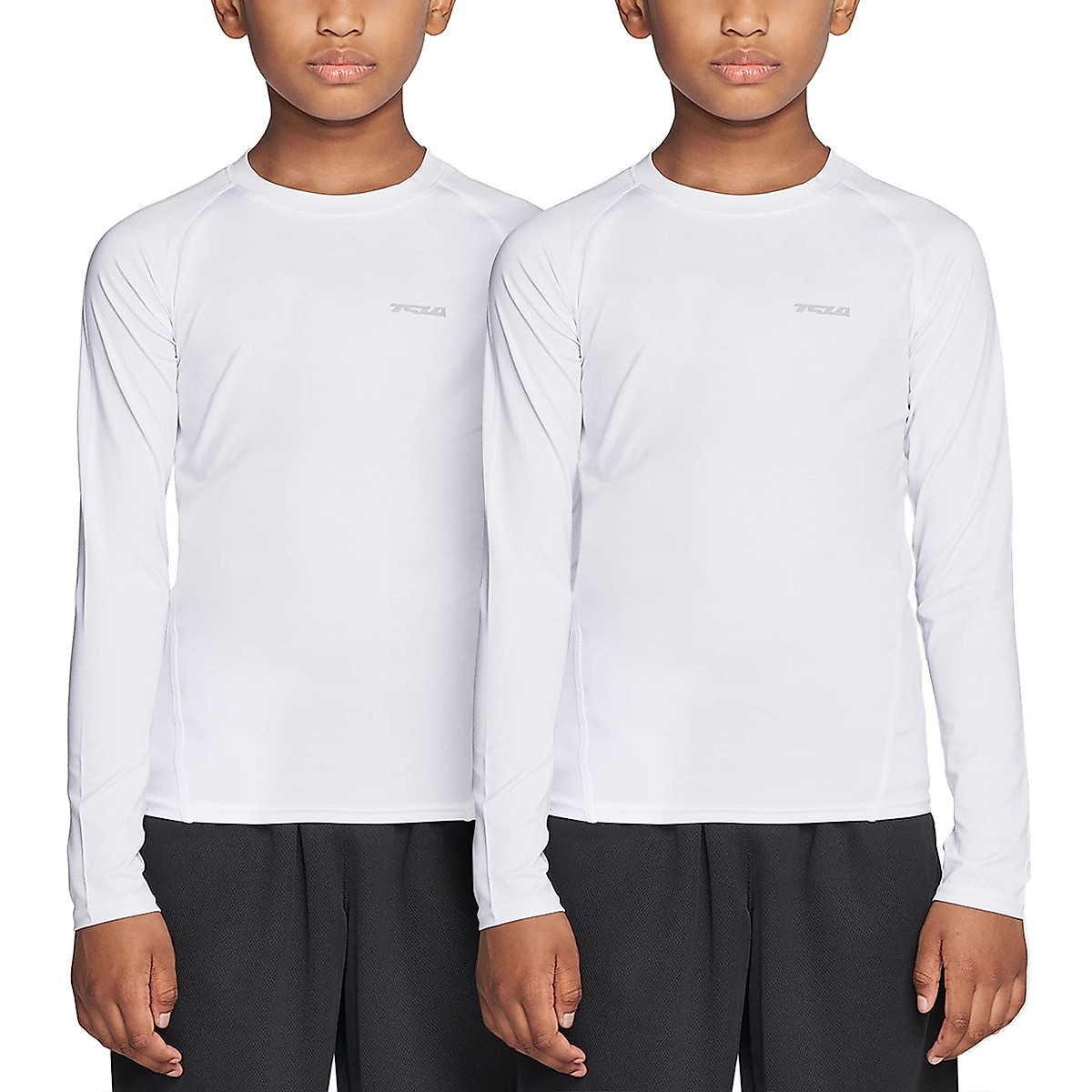 TSLA Kid's & Boy's Cool Dry Long Sleeve Compression Shirts, Athletic Workout Shirt, Sports Base Layer T-Shirt, 2pack Off White/Off White, 20