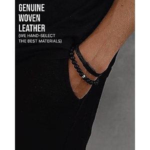 LUXAR Men’s Genuine Interwoven Black Leather Braided Bracelet | Brushed Black Stainless Steel Clasp | Large (7-7½ Inch Wrist) | Male Jewelry