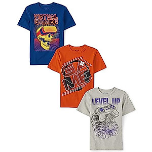 The Children's Place Boys' Short Sleeve Graphic T-Shirt 3-Pack, Level Up/Headset/Skeleton Gamer, Medium