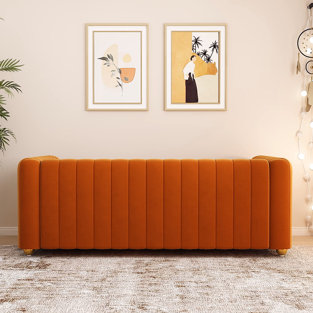 Velvet Couch Sofa Loveseat, 81.3 Wide Mid Century Modern Couch Small Spaces Love Seat Tufted Chesterfield Velvet Sofa Futon with Gold Leg, Comfy 3 Seat Deep Sofas Couches for Living Room (Orange)