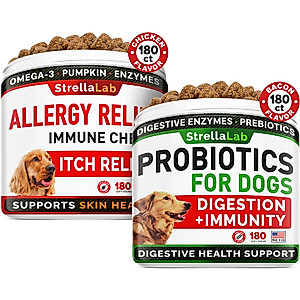 Allergy Relief + Probiotics Dogs Bundle - Itchy Skin Treatment + Digestive Enzymes - Omega 3 & Pumpkin + Prebiotics - Dogs Itching & Licking Treats + Improve Digestion - 360 Chews - Made in USA
