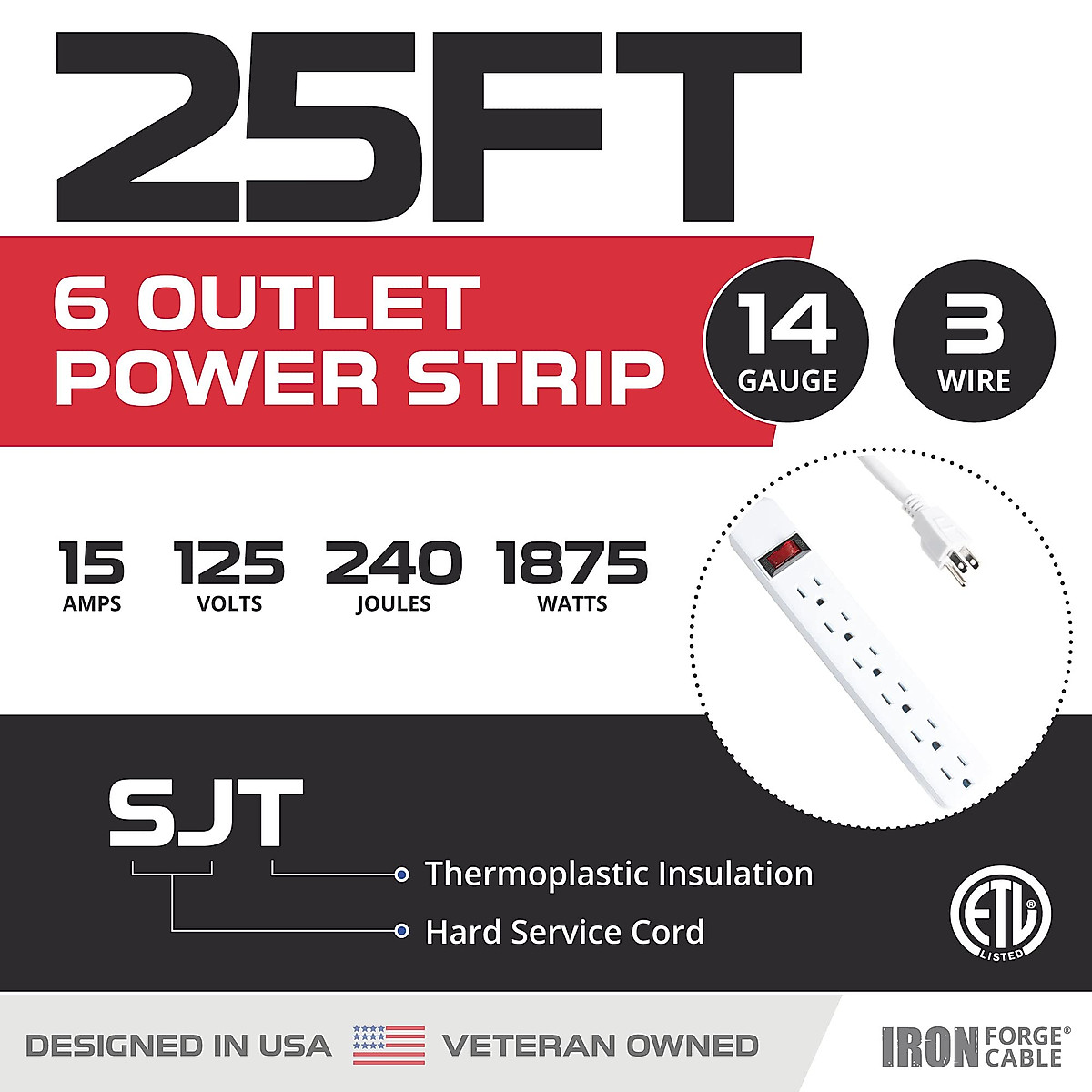 6 Outlet Surge Protector Power Strip - 14/3 SJT White Surge Suppressor with 25 Foot Long Extension Cord, 15A/1875W, ETL Listed