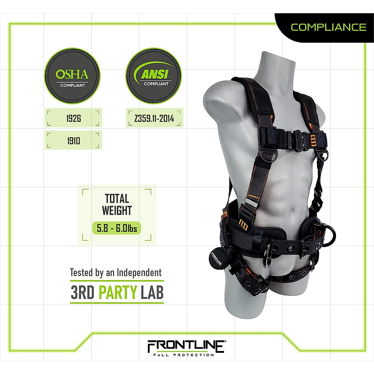 Frontline 110CTB Combat™ Lite Full Body Harness all Aluminum | Hardware Trauma Straps | OSHA and ANSI Compliant (Size: M-L)