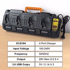 DCB104 Battery Charger Replacement for Dewalt Battery Charger DCB102 DCB118 DCB107 DCB115, 4-Port Battery Charger Compatible with Dewalt 12V 20V Max Li-ion Batteries DCB205 DCB206 DCB207 DCB606 DCB127