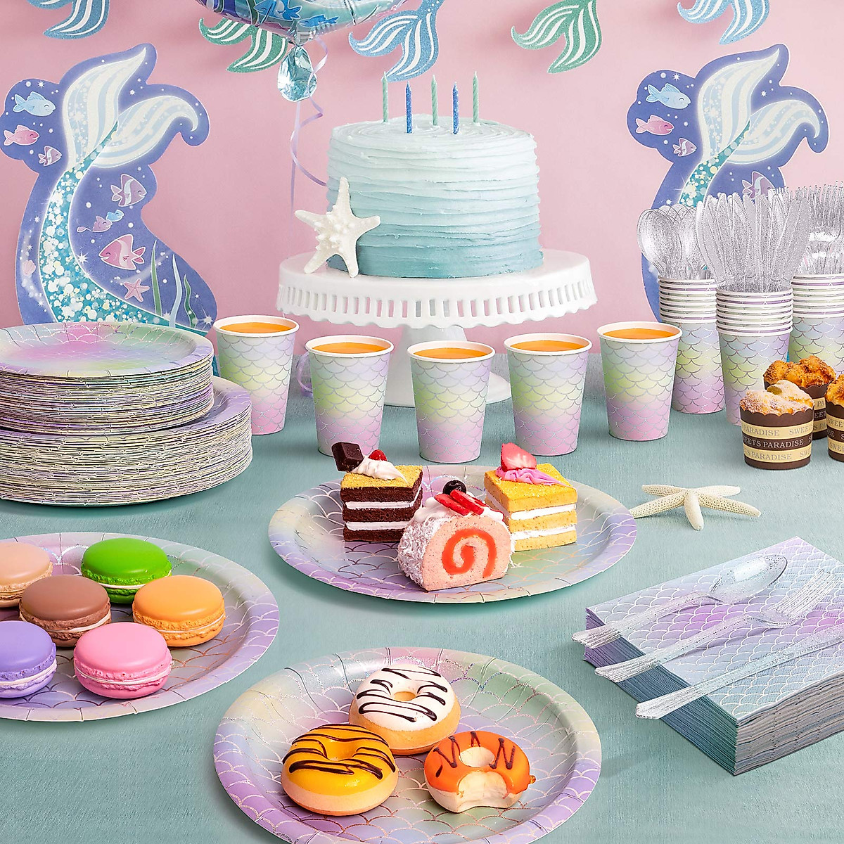 Tiblue Mermaid Party Supplies - 350PCS Disposable Dinnerware with Mermaid Paper Plates Napkin Cups Gold Plastic Fork Knives Spoon for Girls Birthday Baby Shower Ocean Theme Summer Graduation Party