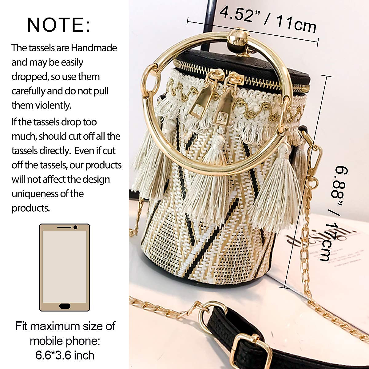 CONNAISSIZE Tassels Woven Bucket Bag, Crossbody Bag For Women, Fashion Handbag and Purses, Bag with Chain Strap