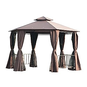 Outsunny 13' x 13' Patio Gazebo, Double Roof Hexagon Outdoor Gazebo Canopy Shelterwith Netting & Curtains, Solid Steel Frame for Garden, Lawn, Backyard and Deck, Coffee