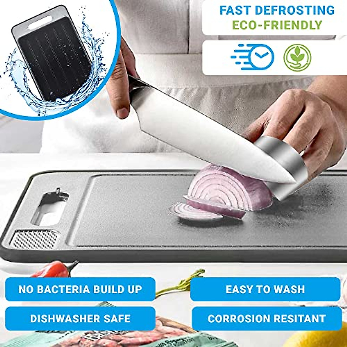 4 in 1 Defrosting Tray for Frozen Meats, Meat Defroster with Stainless Steel Finger Guard Included, Aluminum Meat Thawing Board, Thawing Tray for Frozen Meats, Thawing Tray, Thawing Plate
