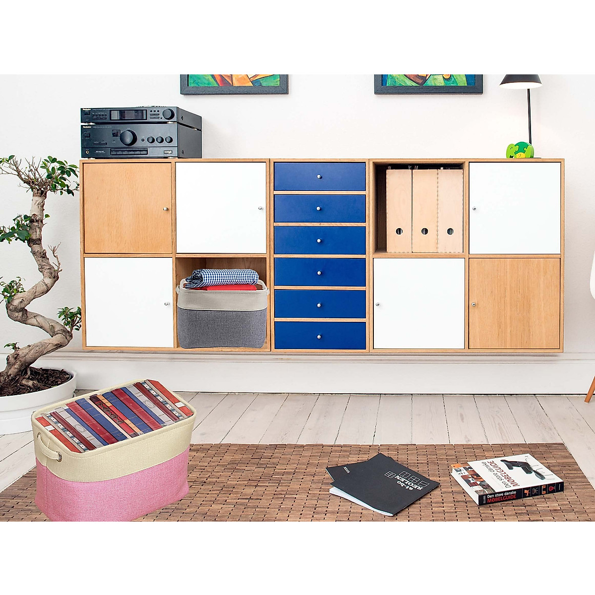 kamuavni 3 Pack Fabric Storage Basket Collapsible Fabric Storage Cubes Organizer with Handles Rectangle Cotton And Linen Storage Bins For Closet/Nursery/Bathroom/Kids Room 15*10.2*9.5Inch, Beige gray