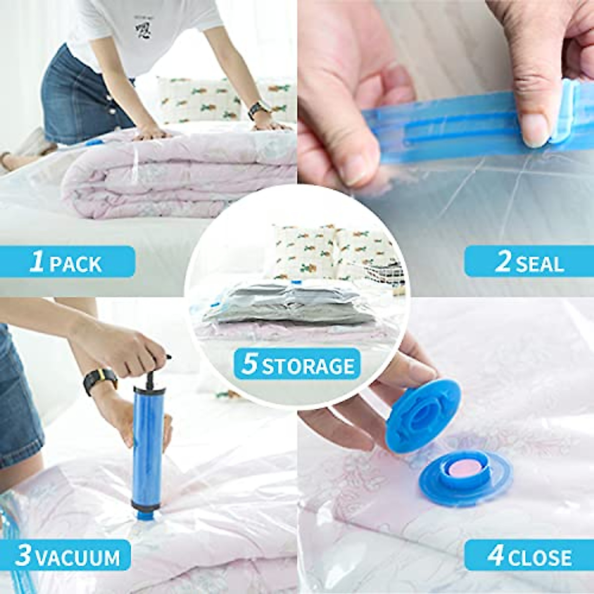amhomel Vacuum Storage Bag (3 Jumbo, 3 Large, 3 Medium, 3 Small) Ziplock Space Saver Sealer Bags, Air Tight Compression Organizers for Pillows Clothes Blankets Comforters with Hand Pump - 12 Combo