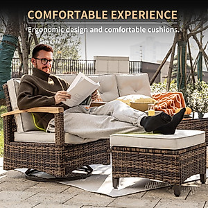 MEISSALIVVE Patio Furniture Sets, 6 Pieces Outdoor Rattan Furniture Conversation Sets with 2 Wood Armrests Swivel Rocker Chairs, 2 Ottoman, 3-seat Sofa and Coffee Table(Brown)