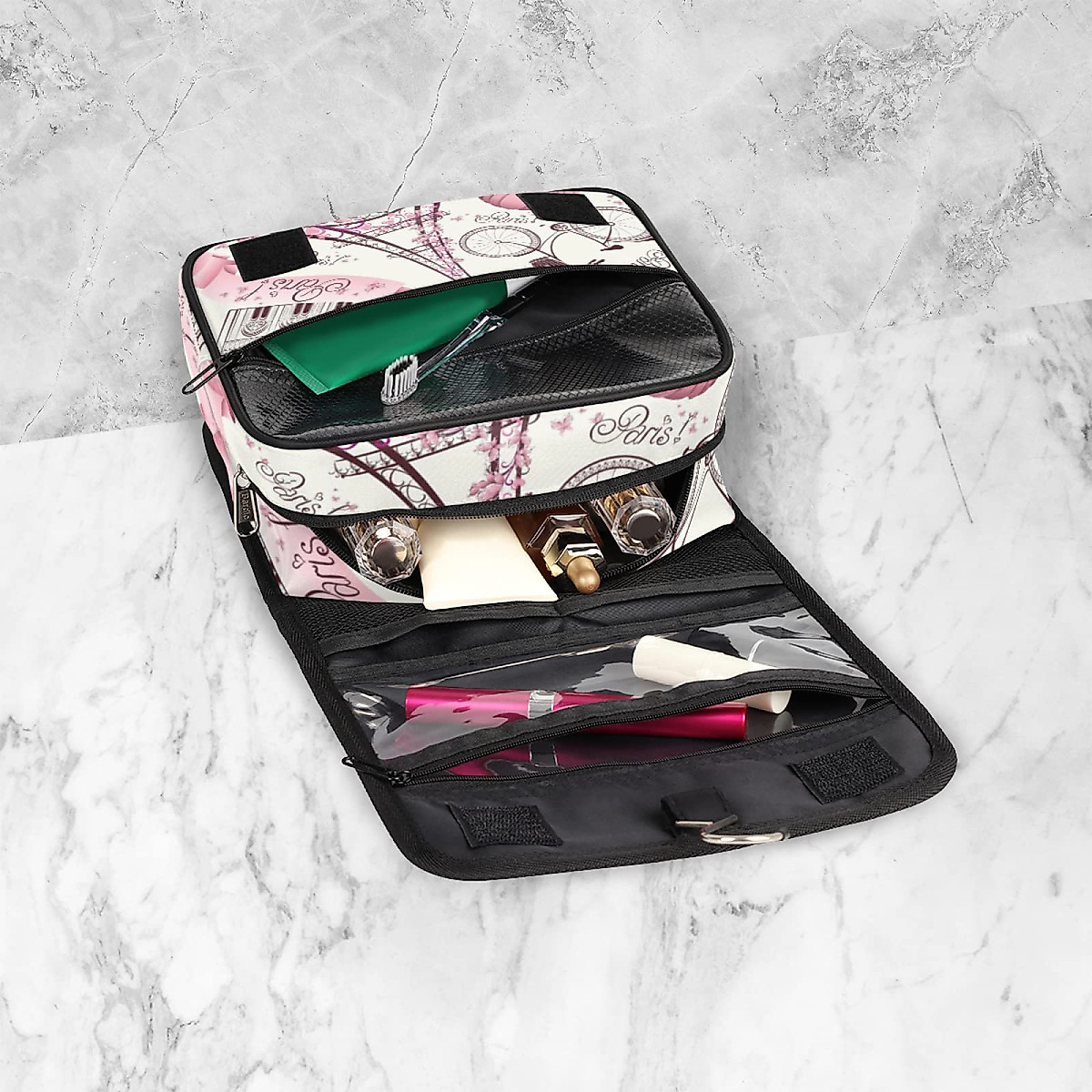 AUUXVA Hanging Toiletry Bag for Women, Paris Eiffel Tower Makeup Bag, Floral Flower Cosmetic Bag, Travel Essentials for Women Men