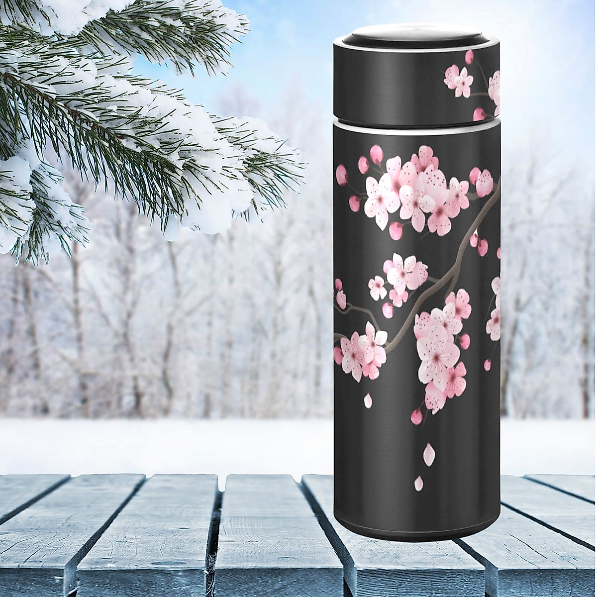 CaTaKu Small Water Bottle 12 oz, Cherry Blossoms Black Insulated Water Bottle for Water Coffee Tea Stainless Steel Flask Thermos Bottle Reusable Wide Mouth Vacuum Travel Mug