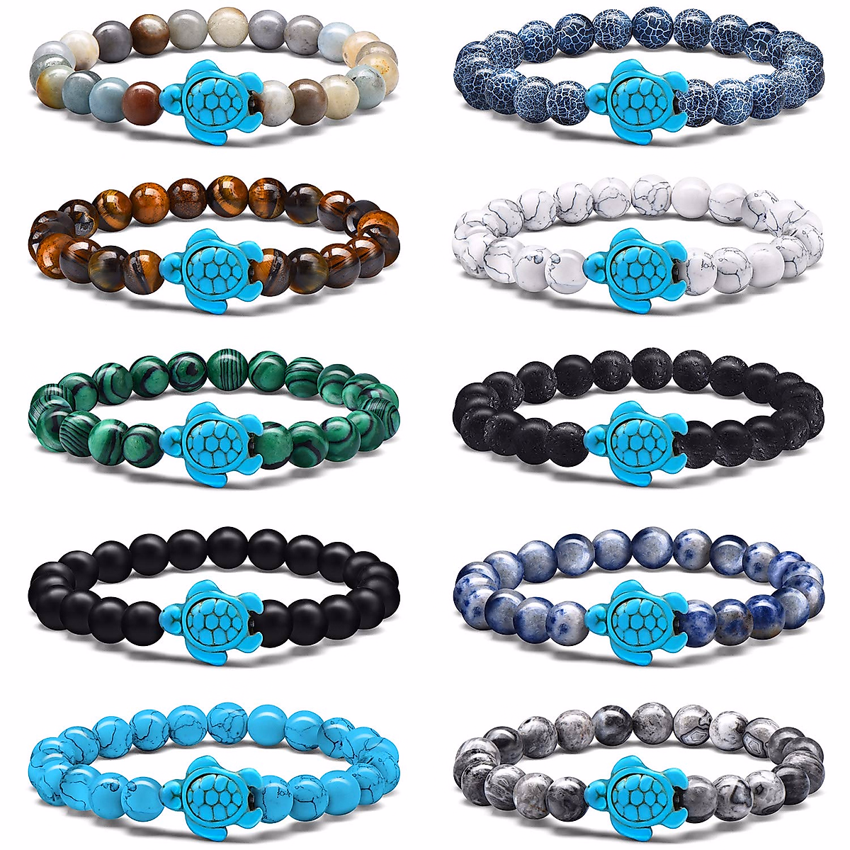 Hicarer 10 Pieces Turtle Beads Bracelet Natural Stone Elastic Friendship Bracelet Hawaii Summer Beach Bracelets for Women Men