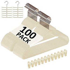 VECELO Premium Velvet Clothes Hangers Suit Heavy Duty (100 Pack)-Non Slip & Space-Saving with 12 Finger Clips & 2Tie Rack Excellent for Men and Women,Beige