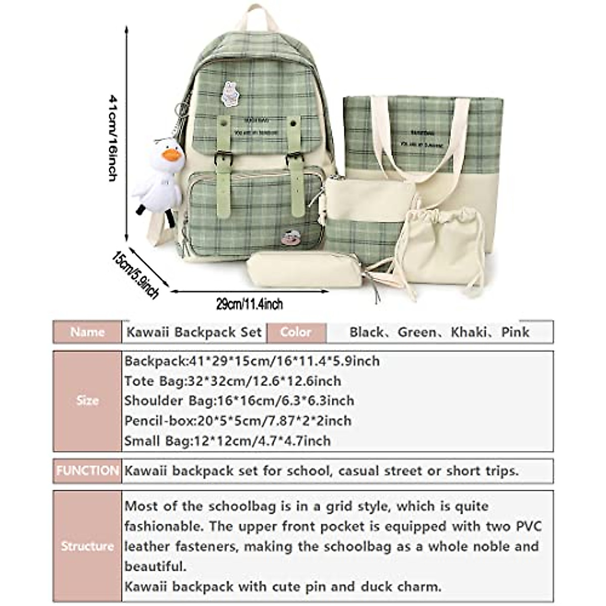 DAHUOJI 5Pcs Kawaii Backpack Set with Badge & Duck Pendant,Japanese Aesthetic Check Bookbag for Girls Cute Plaid School Bags Comes with Tote Bag,Shoulder Bag,Pencil Box,Small Bag(Green,16in)